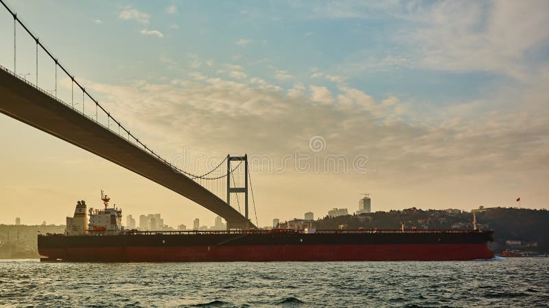 Turkey, Istanbul, Bosphorus Channel, Bosphorus Bridge, an Cargo Ship ...