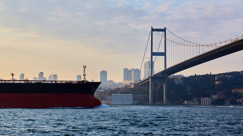 Turkey, Istanbul, Bosphorus Channel, Bosphorus Bridge, an Cargo Ship ...