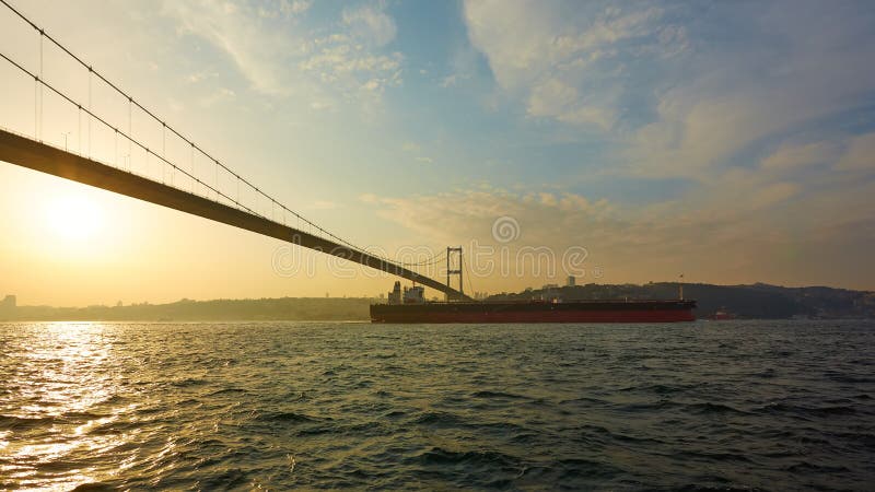Turkey, Istanbul, Bosphorus Channel, Bosphorus Bridge, an Cargo Ship ...