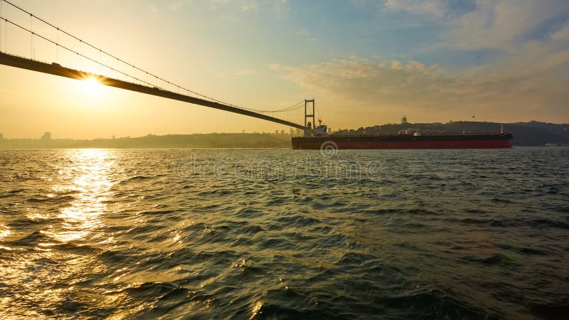 Turkey, Istanbul, Bosphorus Channel, Bosphorus Bridge, an Cargo Ship ...