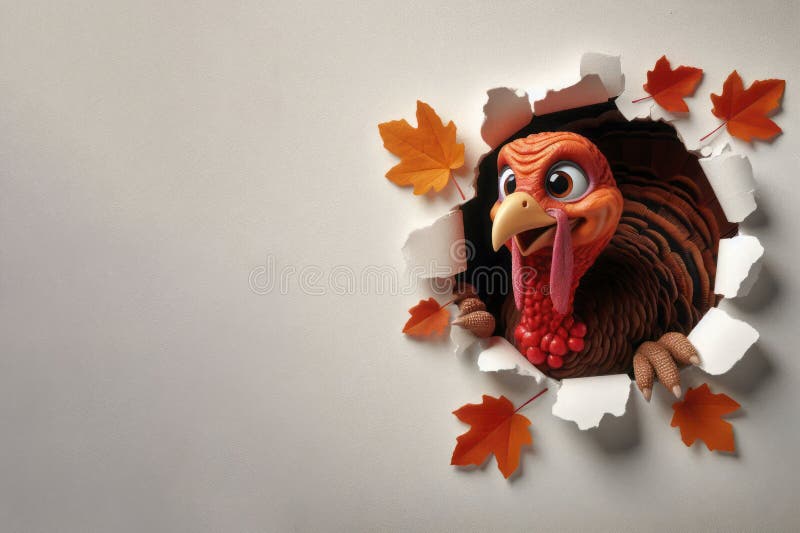 A Turkey Peeks Out of a Broken Wall with Autumn Leaves. Space for Text ...