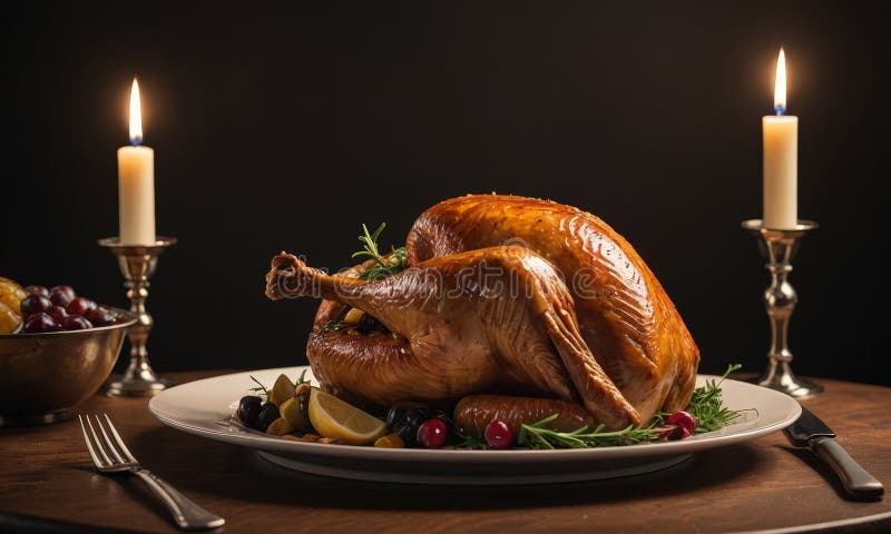 Turkey on Plate with Candle and Fruit Stock Illustration - Illustration ...