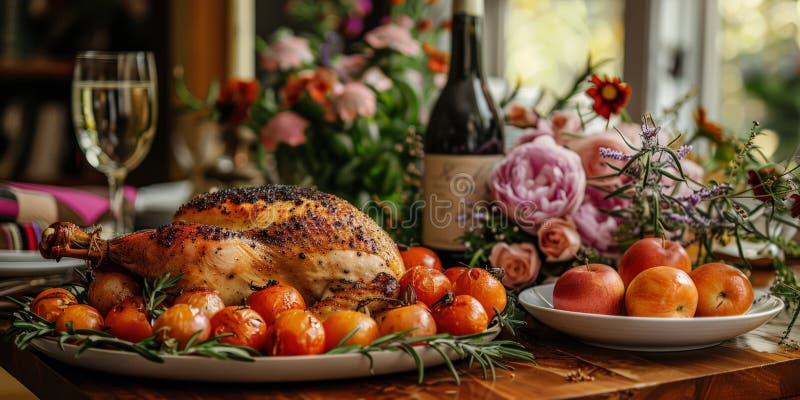 Turkey on Plate with Tomatoes and Apples on Table Stock Image - Image ...