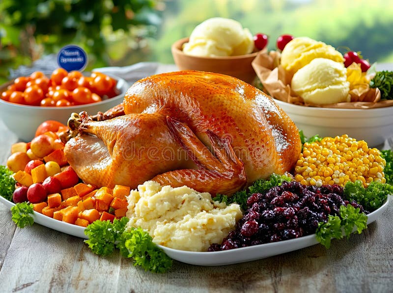 A Turkey on a Platter with Mashed Potatoes Corn and Vegetables Stock ...