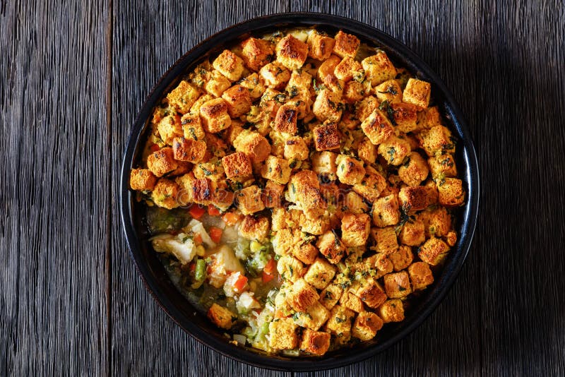 Turkey Pot Pie with Stuffing Crust in Baking Dish Stock Photo - Image ...