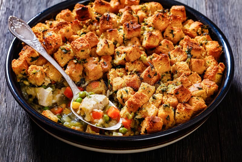Turkey Pot Pie with Stuffing Crust in Baking Dish Stock Photo - Image ...