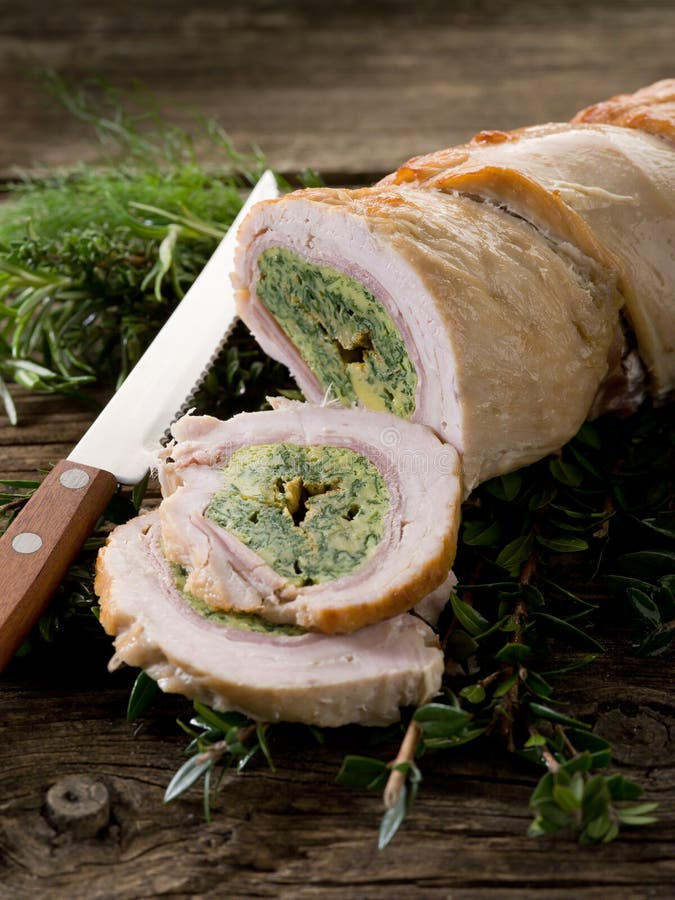 Turkey roll filled stock photo. Image of herb, board - 19160392