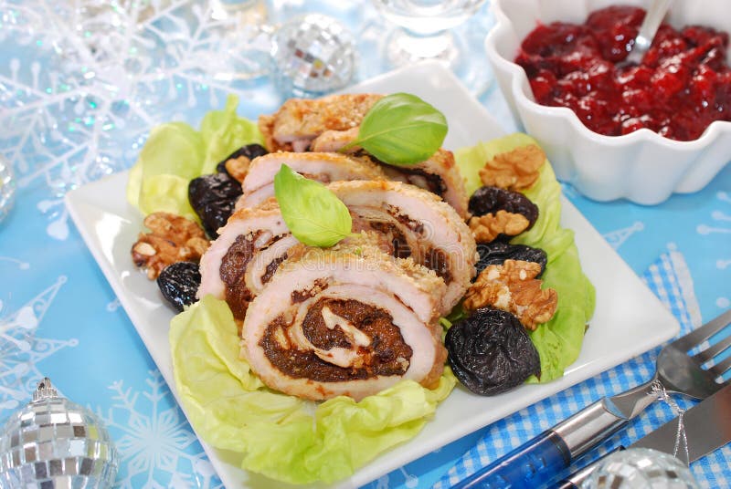 Turkey Roulade with Prune and Walnuts for Christmas Stock Photo - Image ...