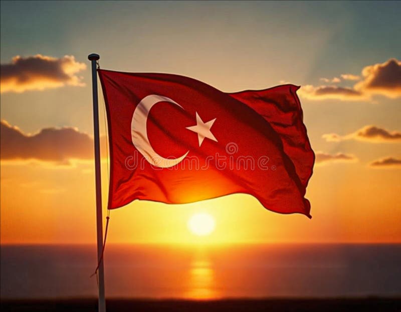 Turkey S Flag Waving in the Sky at Sunset with Ocean and Sunset Sky in ...