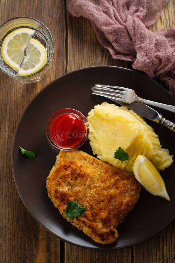 Turkey Schnitzel with Mashed Potatoes Stock Photo - Image of fillet ...