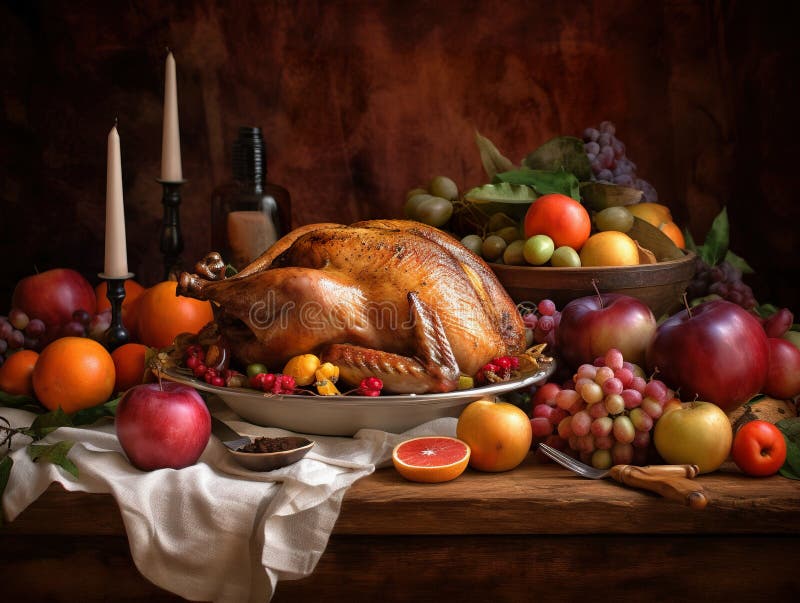 A Turkey Sitting on a Platter Surrounded by Fruit. AI Generative Image ...