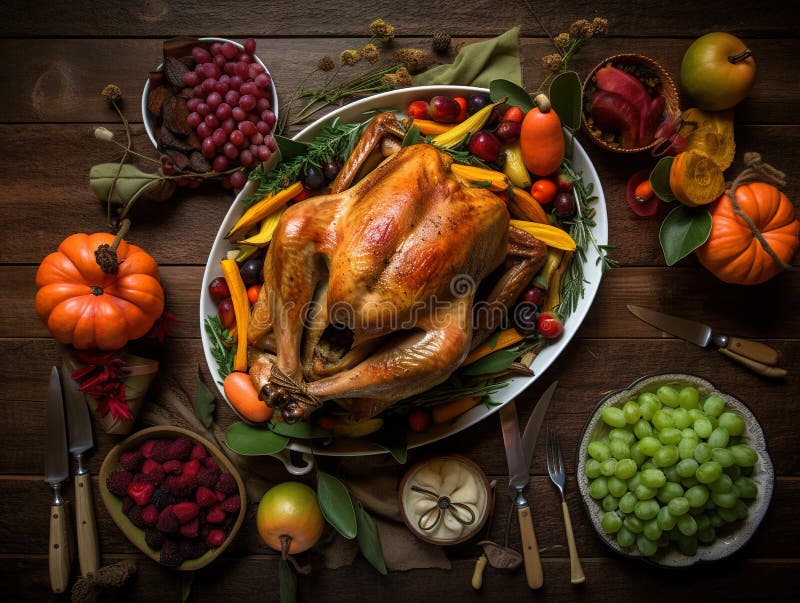 A Turkey Sitting on a Platter Surrounded by Fruits and Vegetables. AI ...
