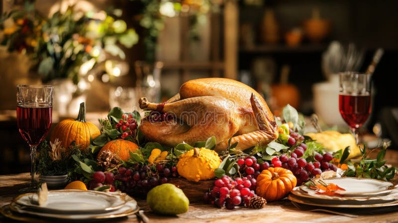A Turkey is Sitting on a Table with Fruit and Wine Stock Illustration ...