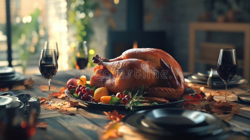 A Turkey is Sitting on a Table with a Glass of Wine Stock Illustration ...