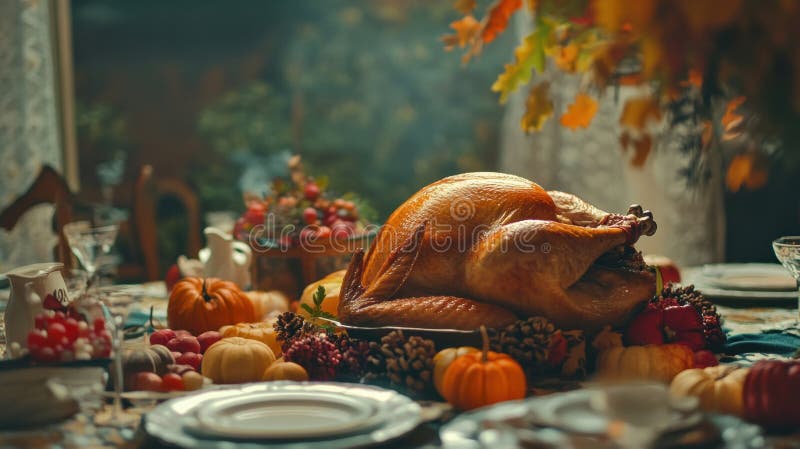 A Turkey is Sitting on a Table with Other Thanksgiving Foods Stock ...