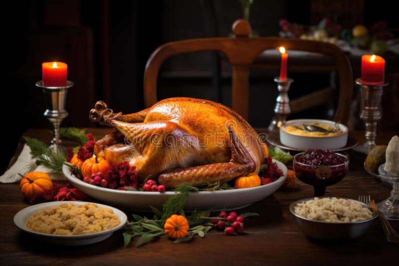 A Turkey is Sitting on a Table with Other Thanksgiving Foods ...