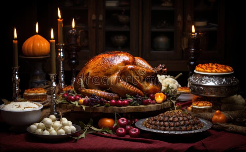 A Turkey Sitting on Top of a Table Covered in Fruit. Generative AI ...