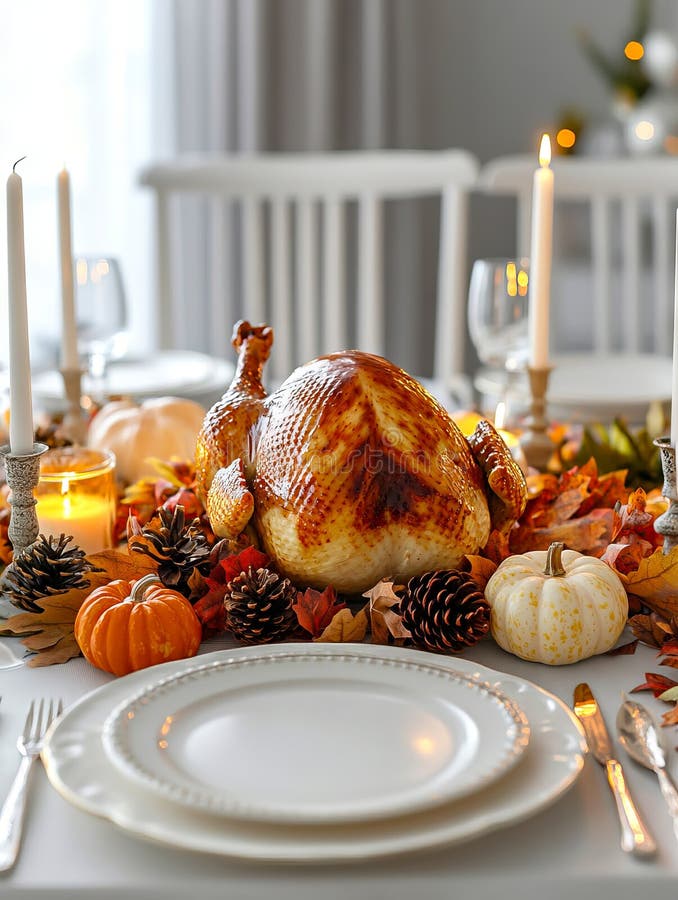 A Turkey Sitting on Top of a Table with White Plates and Silverware ...