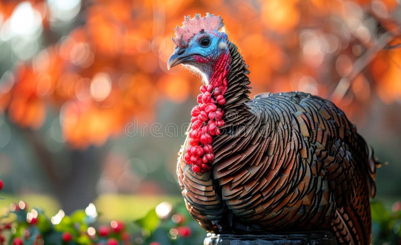 Turkey Statue is Decorated with Red Berries and Fall Colored Tree in ...