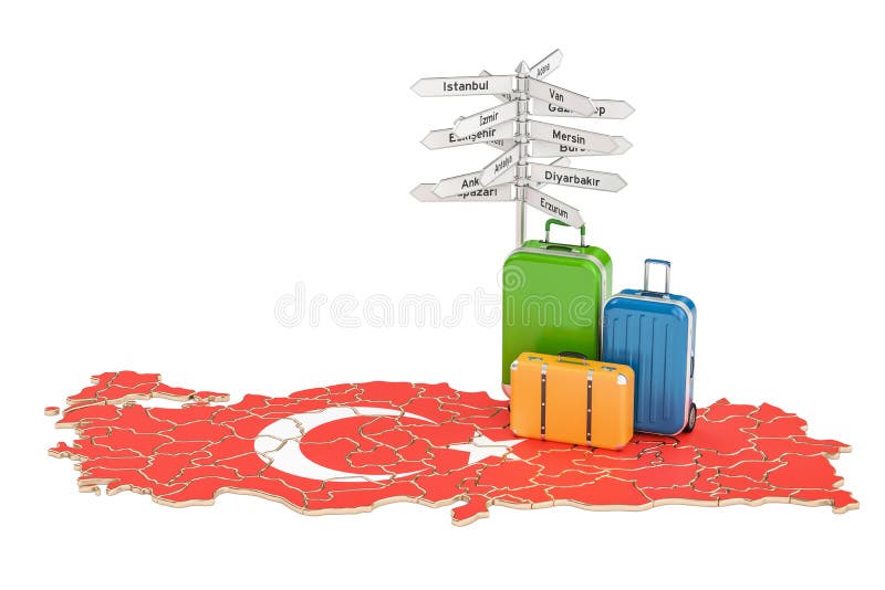 Turkey Travel Concept. Suitcases with Signpost on Turkish Map, Stock ...
