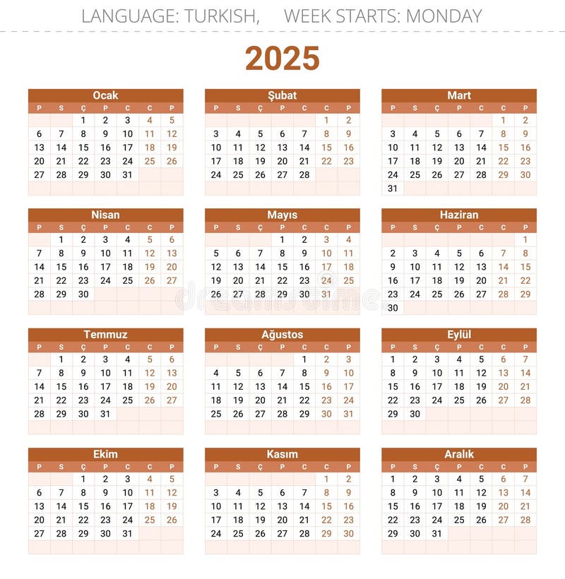 Turkey 2025 Turkish Calendar: Modern Yearly Design Illustration Stock ...