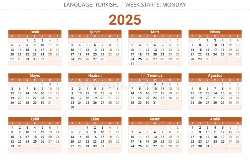 Turkey 2025 Turkish Calendar: Modern Yearly Design Illustration Stock ...