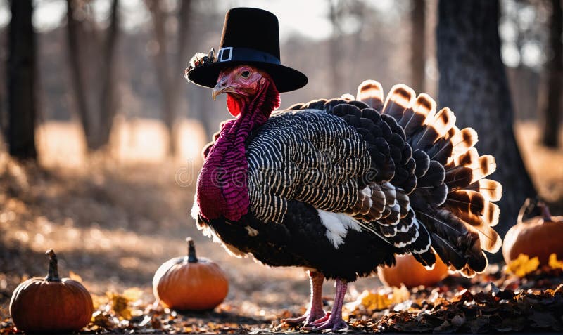 A Turkey Wearing a Pilgrim Hat Stands in a Forest with Pumpkins ...