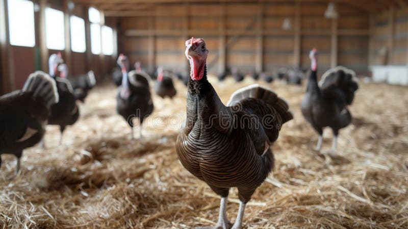Turkeys Standing on Straw Inside a Spacious Barn with Natural Light ...