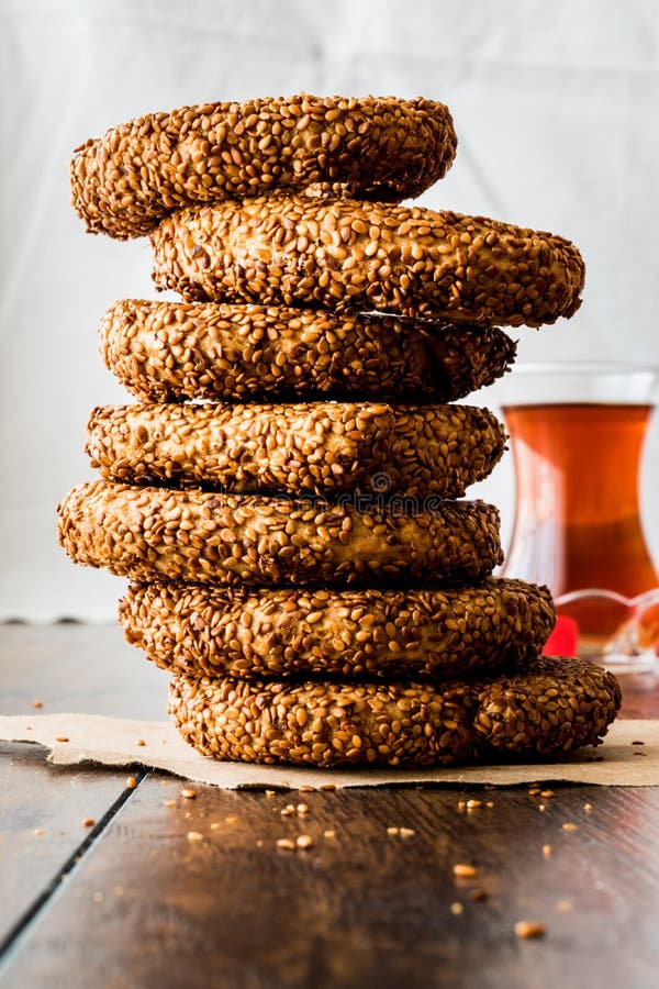 Turkish Bagel Kandil Simiti with Tea Stack of Pastry Stock Image ...