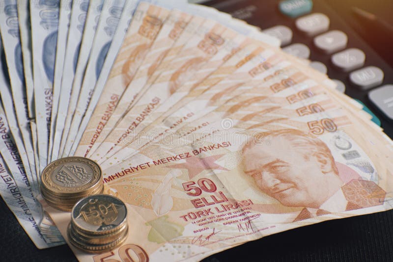 Turkish Banknotes and Coins on Table with Calculator Stock Image ...