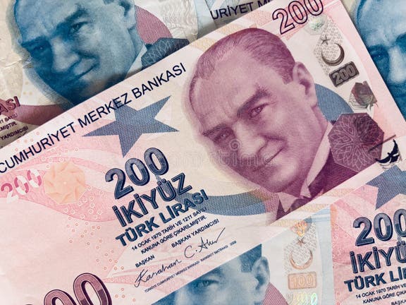 Turkish Banknotes Featuring Currency Values of 100 and 200 Lira Stock ...