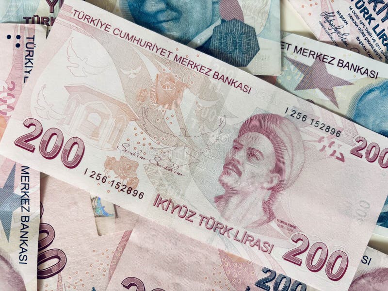 Turkish Banknotes Featuring Currency Values of 100 and 200 Lira Stock ...