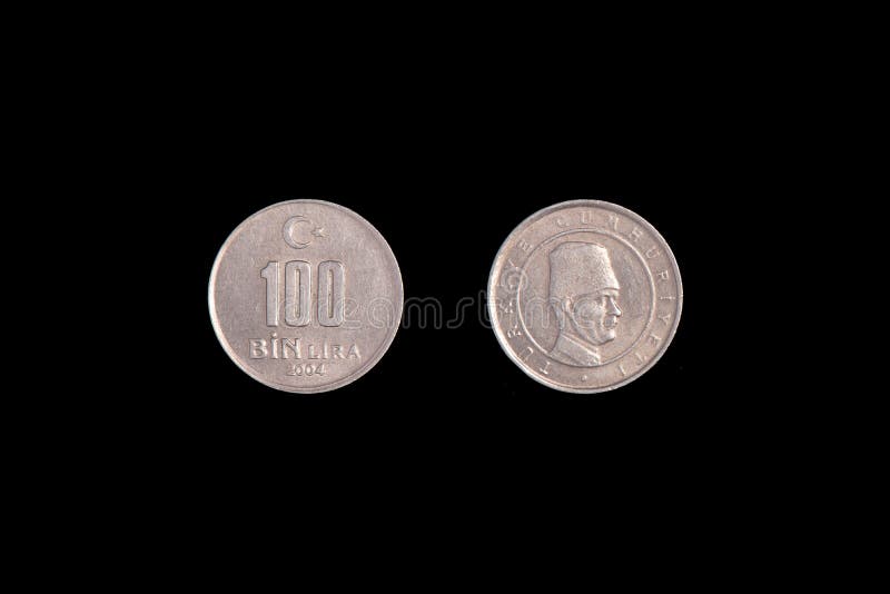 Turkish 100 Bin Liras Coins Isolated on Black. Close-up Stock Photo ...
