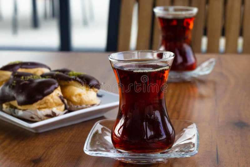 Turkish Black Tea with Custard Cakes Stock Image - Image of grey ...
