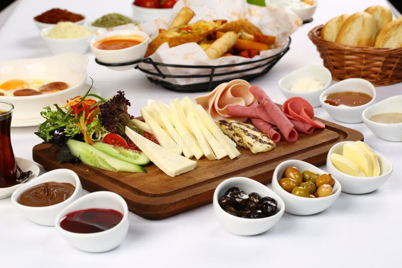 Traditional Turkish Breakfast with Cheese, Salami, Boiled Egg, Tomato ...