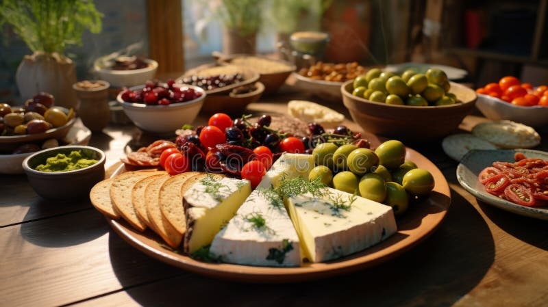 Turkish Breakfast Spread Featuring Olives and Cheese Stock Illustration ...