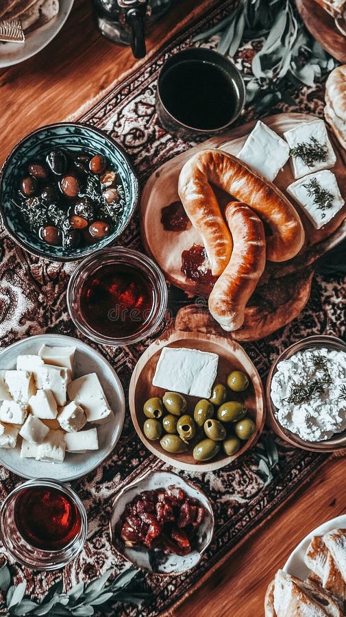 A Turkish Breakfast Spread with Simit Olives Cheese and Strong Black ...