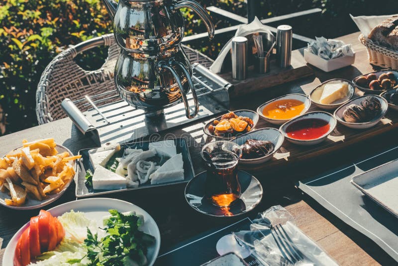 Turkish Breakfast Table. Rich Breakfast Served on the Terrace on Sunny ...