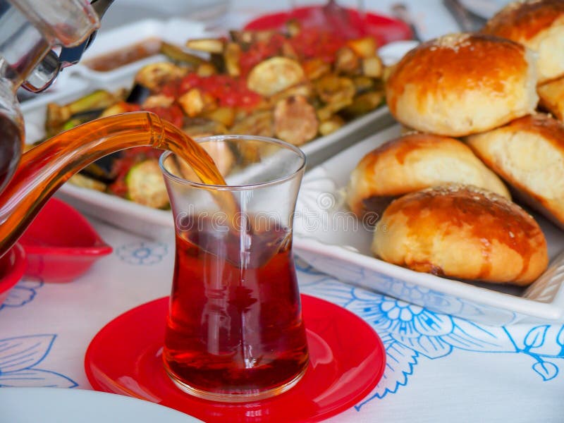 Turkish Breakfast with Turkish Tea and Bread Stock Image - Image of ...