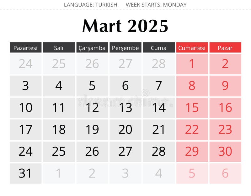 Turkish Calendar for Month March 2025 - Takvim Mart. Vector ...