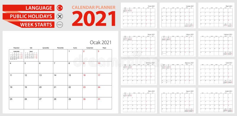 Turkish Calendar Planner for 2021. Turkish Language, Week Starts from ...
