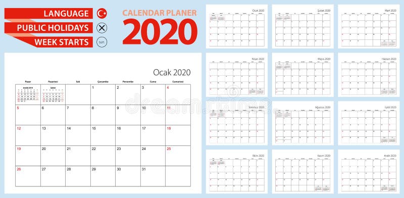 Turkish Calendar Planner for 2020. Turkish Language, Week Starts from ...