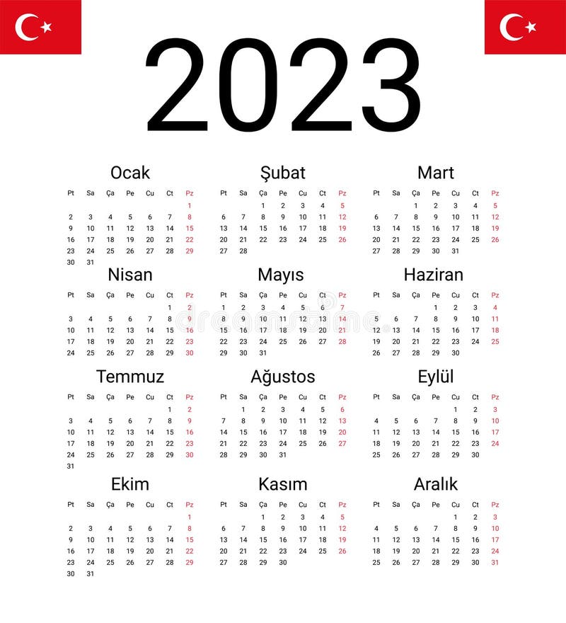 Turkish 2023 Calendar. Vector Design Template Start from Monday. Full ...