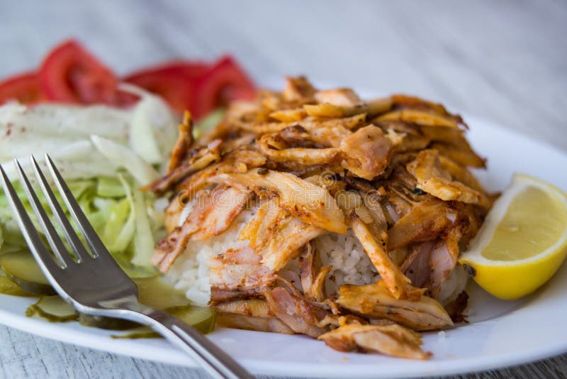 Turkish Chicken Doner Kebab with Rice Stock Image - Image of chips ...