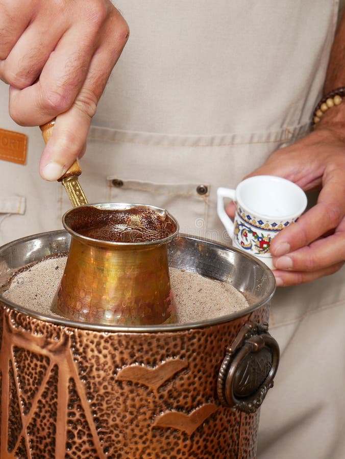 Traditional Turkish Coffee Brewed in Heated Sand. Preparation Process ...