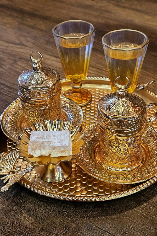 Turkish Coffee with Turkish Delight on Gold Tray with Turkish Delight ...
