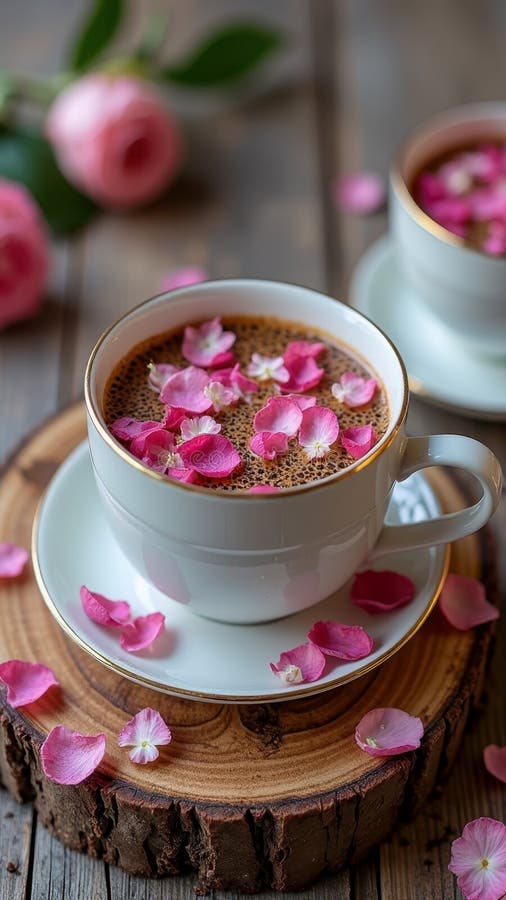 Turkish Coffee with Pink Rose Petals in Elegant White Cup on Rustic ...