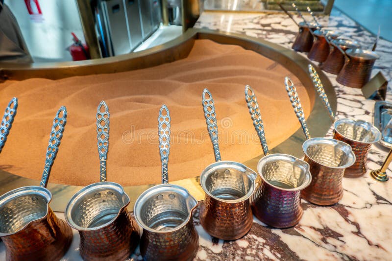 Turkish Coffee Pot and Coffee Beans on Display Stock Photo - Image of ...