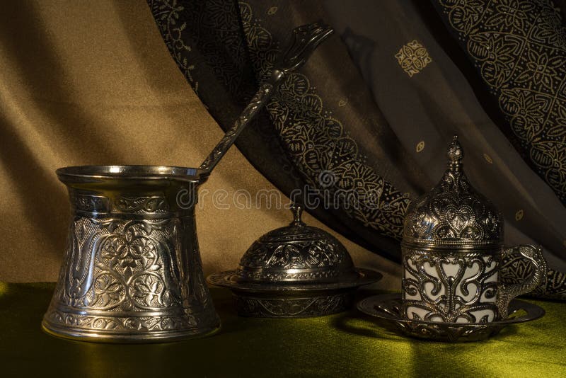 Turkish Coffee Coffee and Silver Coffee Pot Ottoman Design Stock Image ...