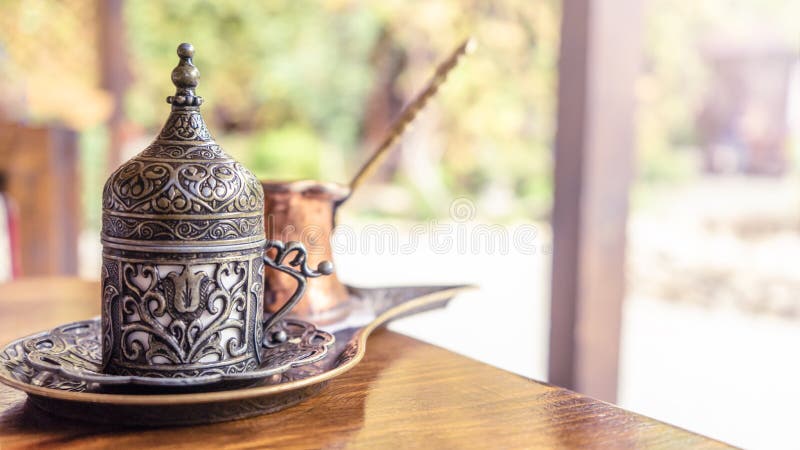Turkish Coffee with Traditional Embossed Metal Tray and Cup Stock Photo ...